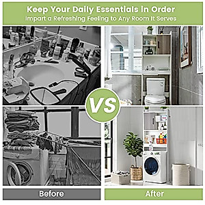 LOKO Over The Toilet Storage Cabinet, Wooden Bathroom Space Saver with Door & Open Storage Shelves, Anti-toppling Device, Freestanding Over Toilet Bathroom Organizer for Bathroom, Laundry