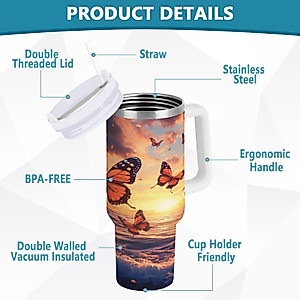 Slewiaeky Cute Animal Butterfly 40 oz Tumbler with Handle Straw and Lid Sunshine Stainless Steel Vacuum Insulated Reusable Water Bottle Glasses Travel Mug Thermal Cup for Home Office Car