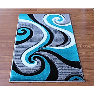 Masada Rugs, Sophia Collection Hand Carved Mat Modern Contemporary Turquoise White Grey Black (2 Feet X 3 Feet 4 Inch) Welcome Mat, Doormat, Bathroom Rug, Kitchen Mat, Small Space Rug