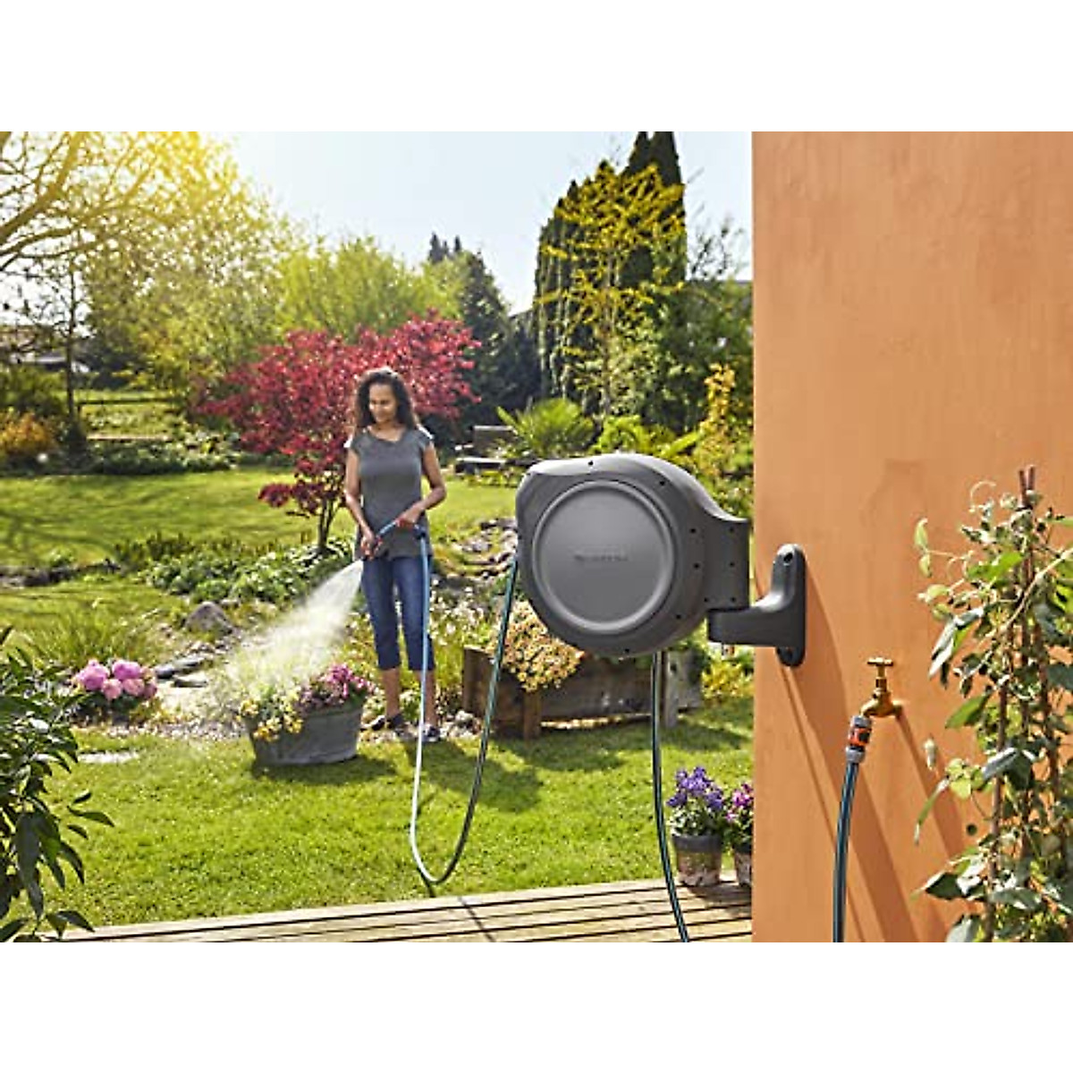 GARDENA 8055-100 Foot Wall Mounted Retractable Reel with Hose Guide, Automatic retraction for Easy Watering