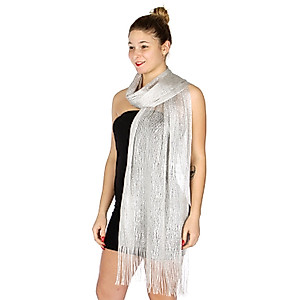 SERENITA Evening Shawl Wrap for Dress. Large Metallic Wedding Bridal Party Fishnet Soft Scarf (Silver)