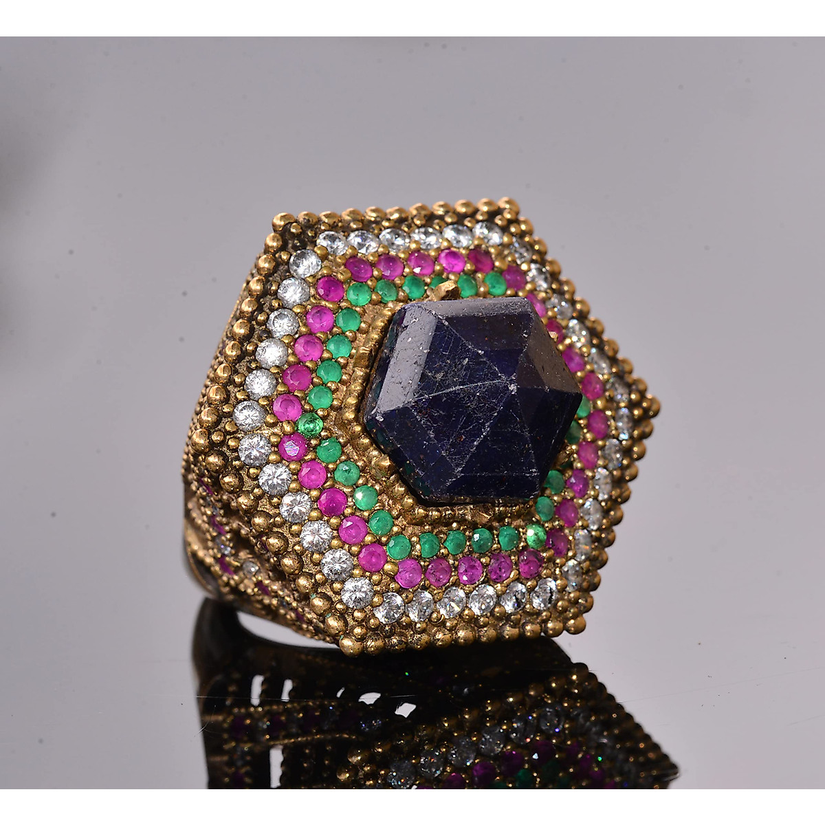 Falcon Jewelry Real Natural Sapphire Gemstone Ring, 12.35 Carat, Sterling Silver Unisex Hurrem Sultan Ring