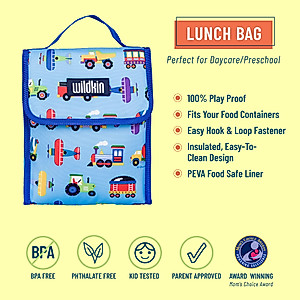 Wildkin 12 Inch Backpack and Lunch Bag Bundle with 14 Ounce Steel Water Bottle (Trains, Planes & Trucks)