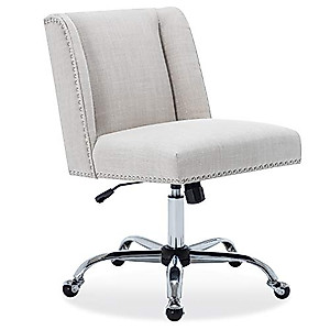 BELLEZE Modern Upholstered Linen Office Chair with Nailhead Trim, Armless Adjustable Height Swivel with Wheels, Stylish Farmhouse Computer Desk Seating - Beige