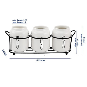 3-Piece Ceramic Silverware Caddy with Metal Rack, Cutlery Organizer Flatware Caddy for Countertop, White