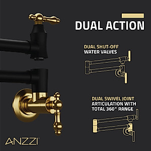 Anzzi Wall Mount Pot Filler Faucet, Double Joint Swing Arms, Single Hole, Solid Brass Interior, Stainless Steel Finish, Matte Black & Brushed Gold, 2 Handle (KF-AZ259MBBG)
