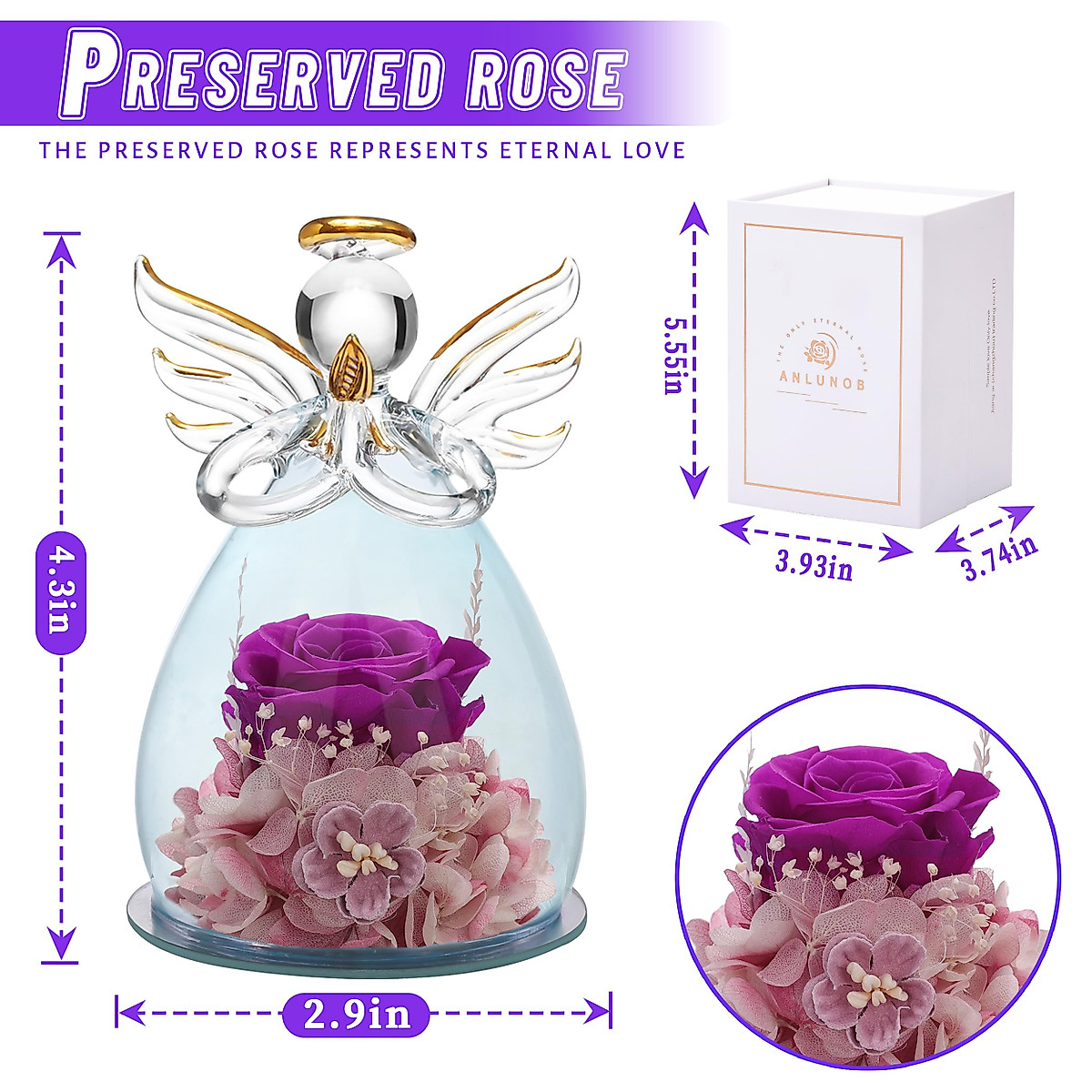 ANLUNOB Birthday Gifts for Women, Preserved Long-Lasting Real Flowers Rose Gifts in Glass Angel Figurines, Angel Rose Gift for Mom Grandma,Anniversary Wedding Christmas, Thanksgiving Day Gift for Her