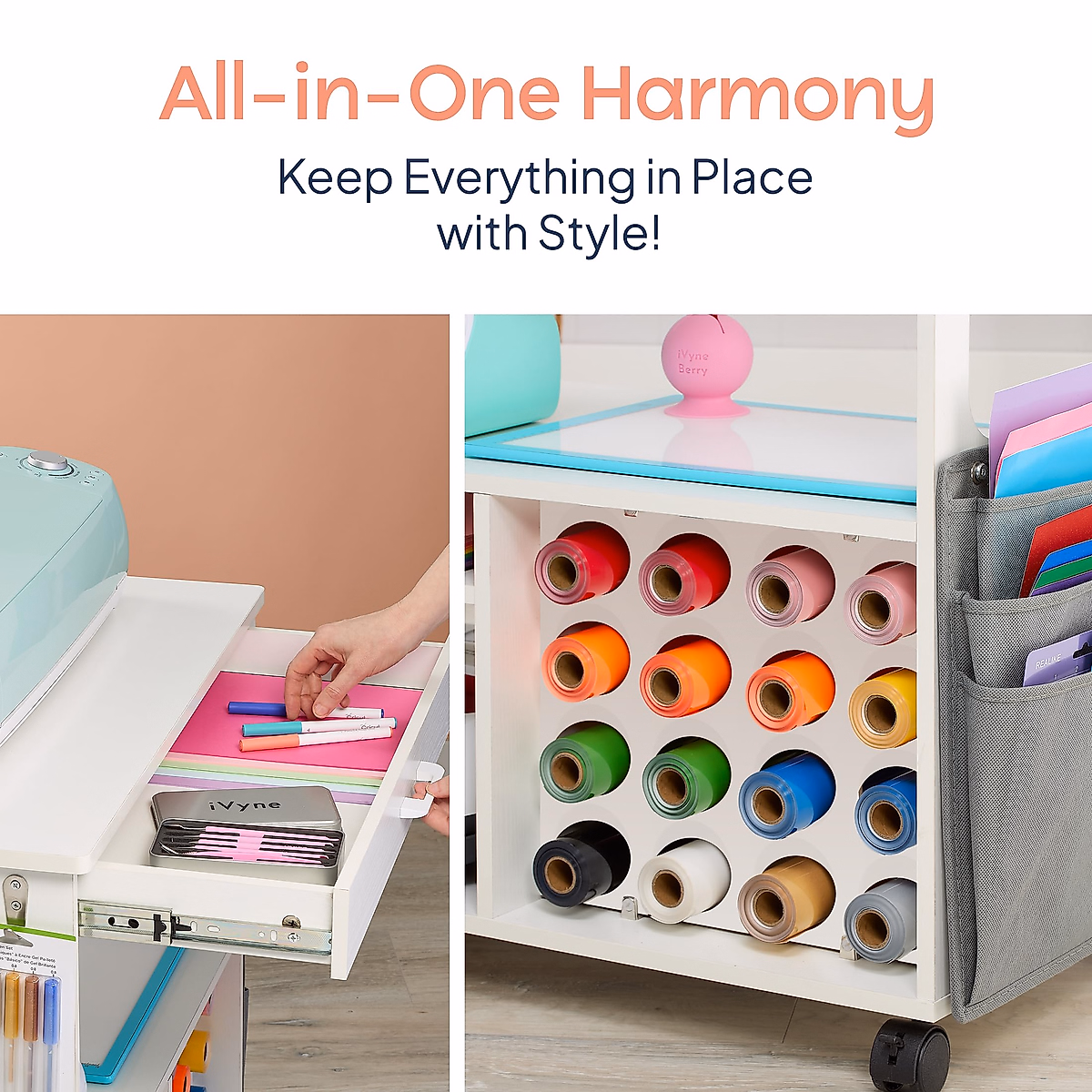 iVyne Craft Cart, Ultimate Organization & Storage Table for Cricut/Silhouette, Craft Table with Storage, Workstation for Accessories, iVyne Berry, Vinyl Rolls, and More - White