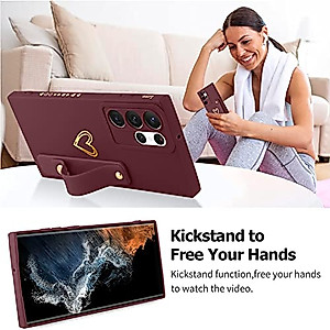 Fiyart Galaxy S22 Ultra 6.8" Love Hearts Case - Slim, Shock-Absorbent, Wine Red, with Stand & Wrist Strap