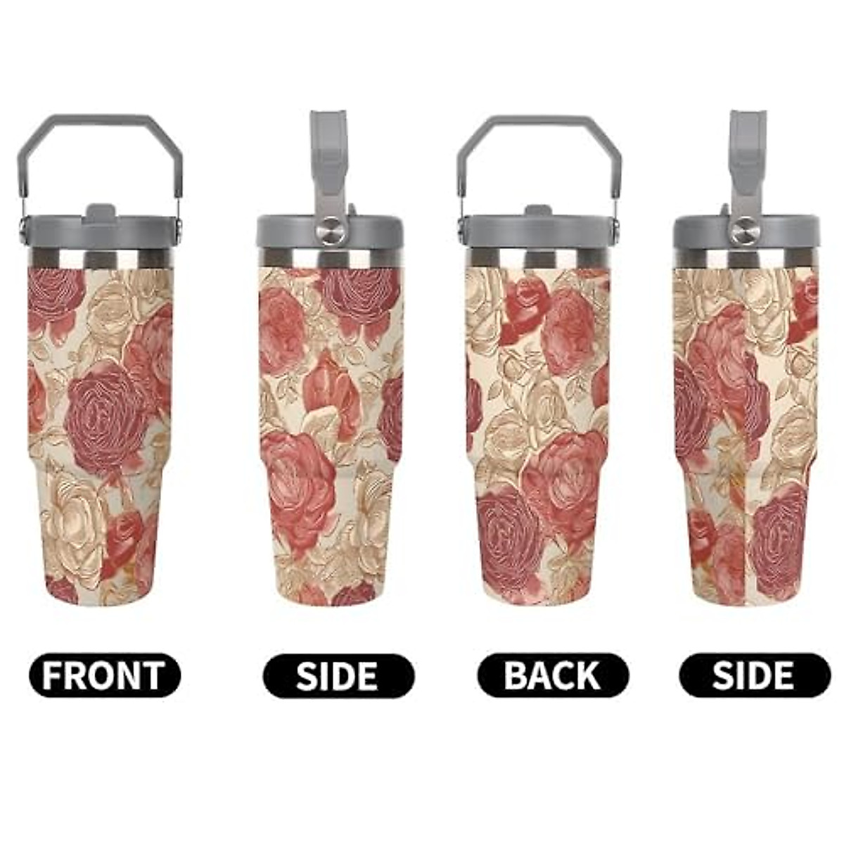 ZJCDPBR 30 Oz Tumbler with Foldable Handle And Flip Straw,Rose Vacuum Insulated Travel Coffee Tumblers,Stainless Steel Leak-Proof Water Bottle,Fits in Cup Holder,Keep Cold 24H & Hot 12H