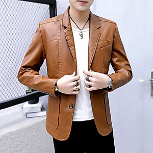 Rayiisuy Mens PU Leather Blazer Men's Casual Single Button Suit Coat Slim Fit Lapel Black Jackets For Men Stylish Faux Leather Outwear (Brown), XY-903, Large