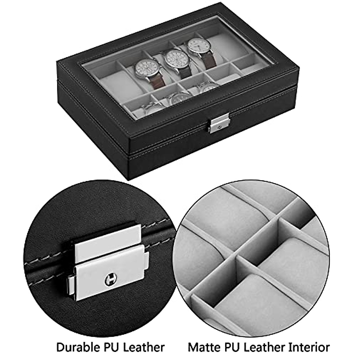 Oyydecor Watch Box PU Leather Case Organizer Wooden Storage Organizer for Storage and Display Men's & Women's Gift Business (12Slots-Gray)