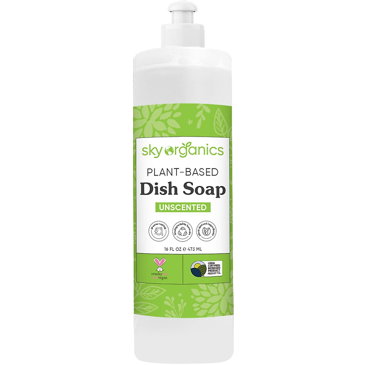 Sky Organics Plant-Based Unscented Dish Soap, USDA Bio-Based, Non-Toxic Biodegradable Formula for Household Cleaning, 16 fl. Oz
