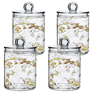 xigua Gold Marble Qtip Holder 4 Pack, 14 oz Apothecary Jars Bathroom Vanity Organizer Canister for Qtips,Cotton Swabs,Cotton Balls,Cosmetic Pads,Flossers,Bath Salts