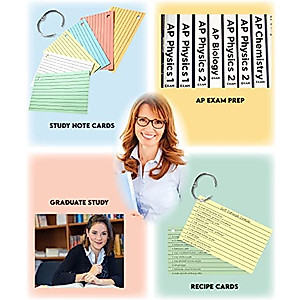 300 ruled index cards with rings (3" x 5") in 6 colors, with storage box. Ideal for students, teachers, note-taking, and language learning. Made in USA.