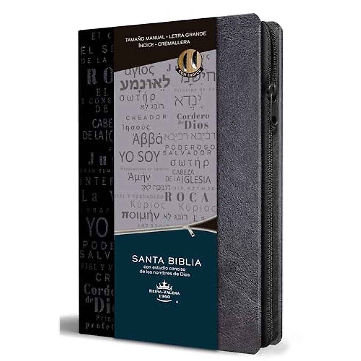 Biblia RVR 1960 Nombres de Dios letra grande tamaño manual con índice y cremalle ra color negro / Spanish Bible RVR60 Handy Size Black Names of God Index Zipp