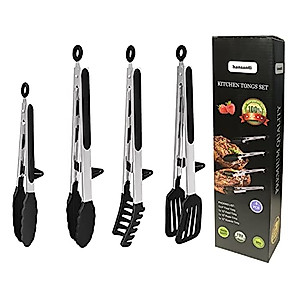 4 Pack Silicone Kitchen Cooking Tongs Set, Stainless Steel Nonstick Food Tong with BPA Free Silicone Tips for Serving Pasta Spaghetti Steak Pie Pizza Salad Vegetable Fruit Grilling BBQ Buffet 9" & 12"