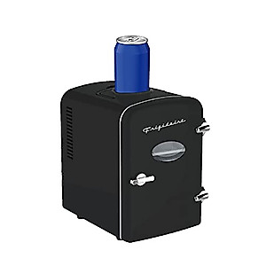 Frigidaire EFMIS171-BLACK 6+1 Retro Mini Portable Personal Fridge/Cooler for Home, Office or Dorm with Active Cooling Can Holder on Top, Black, standard