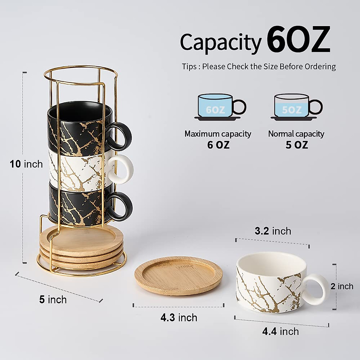 LUKA Porcelain Espresso Cup with Metal Stand, 6 Ounce Stackable Ceramic Demitasse Espresso Mugs Cappuccino Cups Set for Latte,Coffee,Cafe Mocha,Tea(Set of 4)