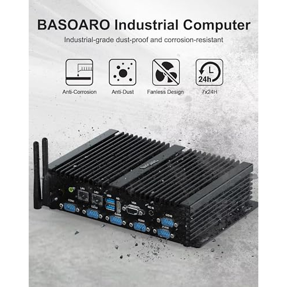 BASOARO Mini Industrial PC Fanless PC i5 4200U Mini PC RS232, Dual Gigabit RJ45 LAN, 8G RAM 128G SSD, HD VGA Dual Display Support 4K, Dual Band WiFi, BT 4.0, 6 USB, Metal Case, Mini PC Windows 10