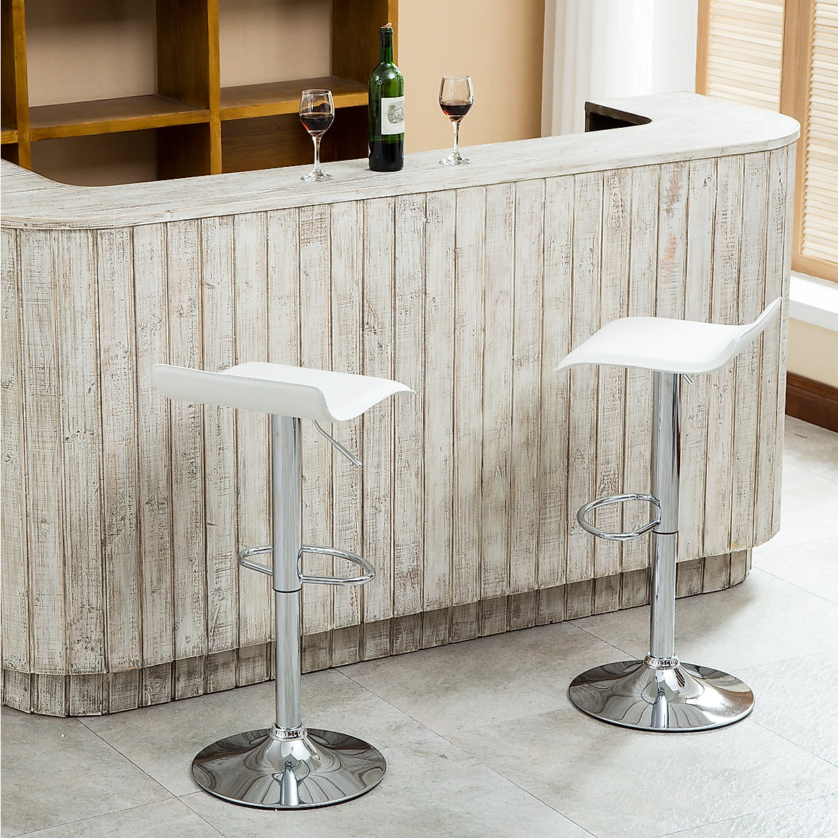 Roundhill Furniture Contemporary Chrome Air Lift Adjustable Swivel Stools with White Seat, Set of 2