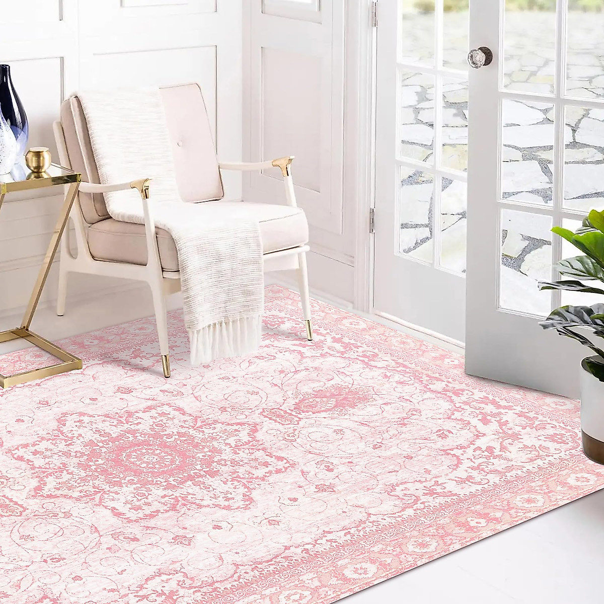 Sofrug Area Rug 5x7 - Vintage Honeycomb Non Slip Bedroom Rug Pink Rug Soft Faux Wool Carpet Foldable & Machine Washable Rugs for Living Room Nursery Room Dorm Kids Playroom Home Office