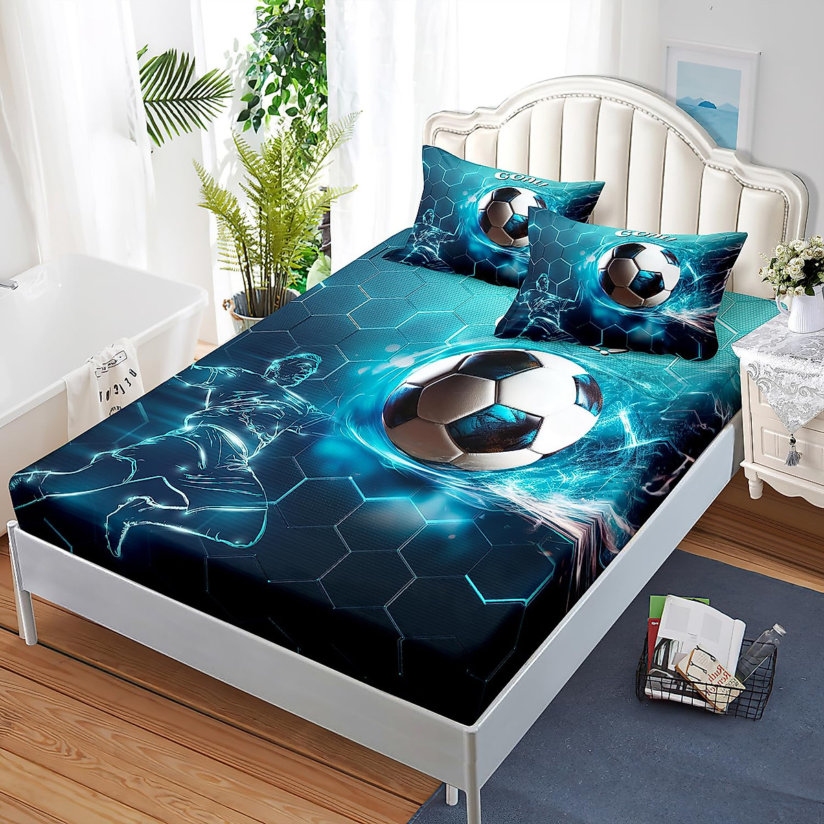 AILONEN Boys Soccer Printed Fitted Sheet Set Queen Size,Football Player Blue Bed Sheet Set,Sports Fitted Sheet with 2 Pillowcases,3 Piece Speed Soccer Bedding Set for Kids Teens Men