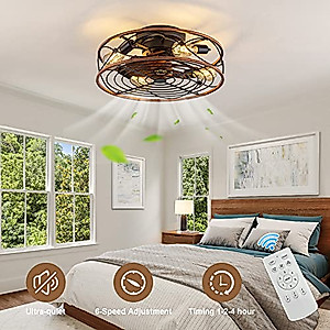 YEDAORL Caged Ceiling Fan with Light Flush Mount, 20 inch Vintage Low Profile Fandelier 6 Speed Chandelier Ceiling Fans Light Fixture with Reversible Motor Remote Control Black