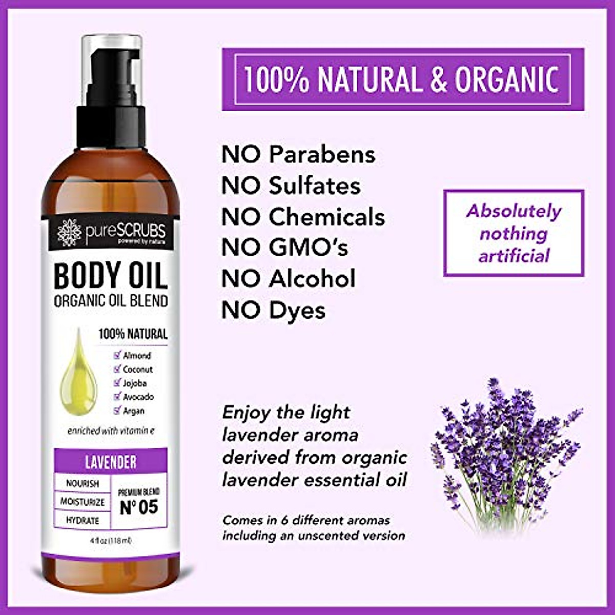 pureSCRUBS Ultra Moisturizing LAVENDER BODY OIL Spray For Dry Skin, Massage, Cuticles & More, Organic Blend of Jojoba, Argan, Coconut, Sweet Almond & Avocado Oils Enriched with Vitamin E - Lg 4oz