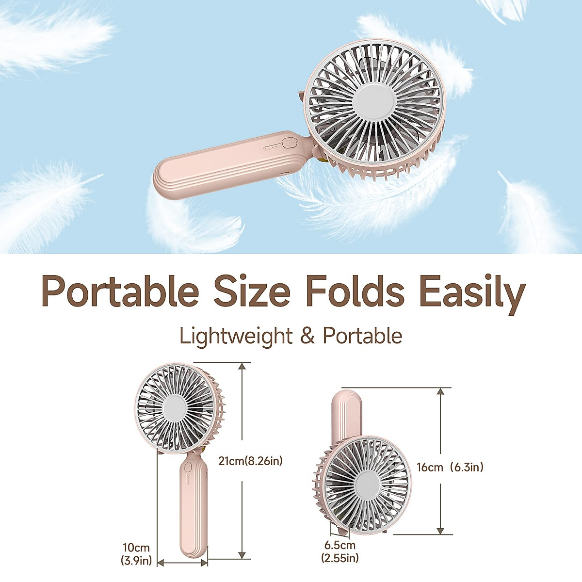 WIXAS Handheld Fan, Mini Portable Foldable Fan, Pocket Battery Rechargeable Hand Fan, for Travelling and Eyelash Fan 2000Ah(Pink)