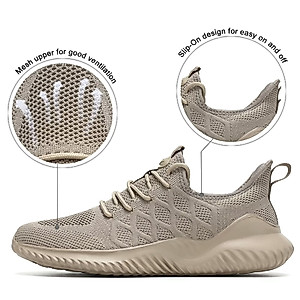 Mevlzz Mens Running Shoes Slip on Tennis Walking Sneakers Casual Mesh Breathable Lightweight Work Sport Shoes Khaki