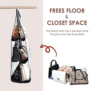 LEEFONE 2 Pack Hanging Handbag Purse Organizer, Dust Proof Storage Holder Bag Wardrobe Closet Space Saving Organizers System, Washable, 1 PC x 8 Pockets + 1 PC x 6 Pockets (Grey + Black)