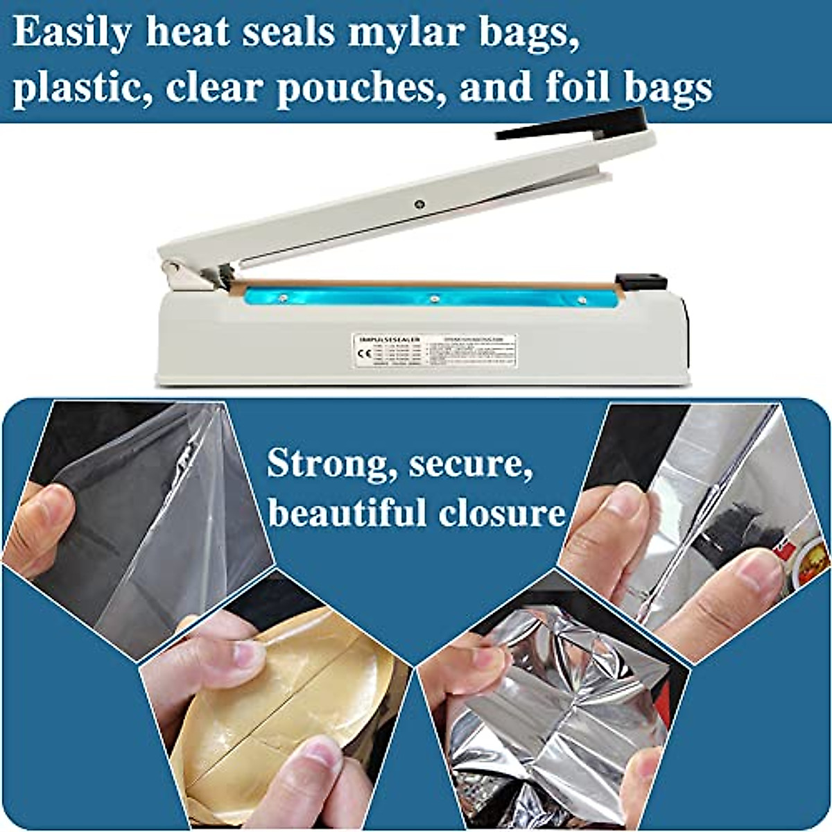 Impulse Heat Sealer 16 inch Mylar Bag Sealer, Heat Sealer for Plastic Bags, Metal Iron Shell, Impulse Sealer 3mm Sealing, Manual Hot Seal Machine with 8 Free Repair Kits(Included 4 Cutter Lines)