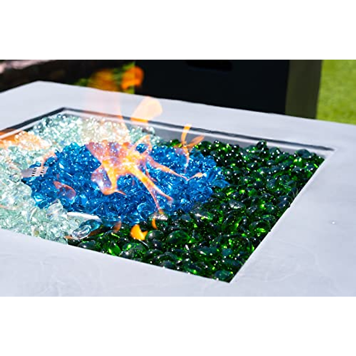 AKOYA Outdoor Essentials 10-Pound Fire Glass Cashew 1-inch Reflective Tempered Crystal Beads for Fire Pit (Caribbean Blue)