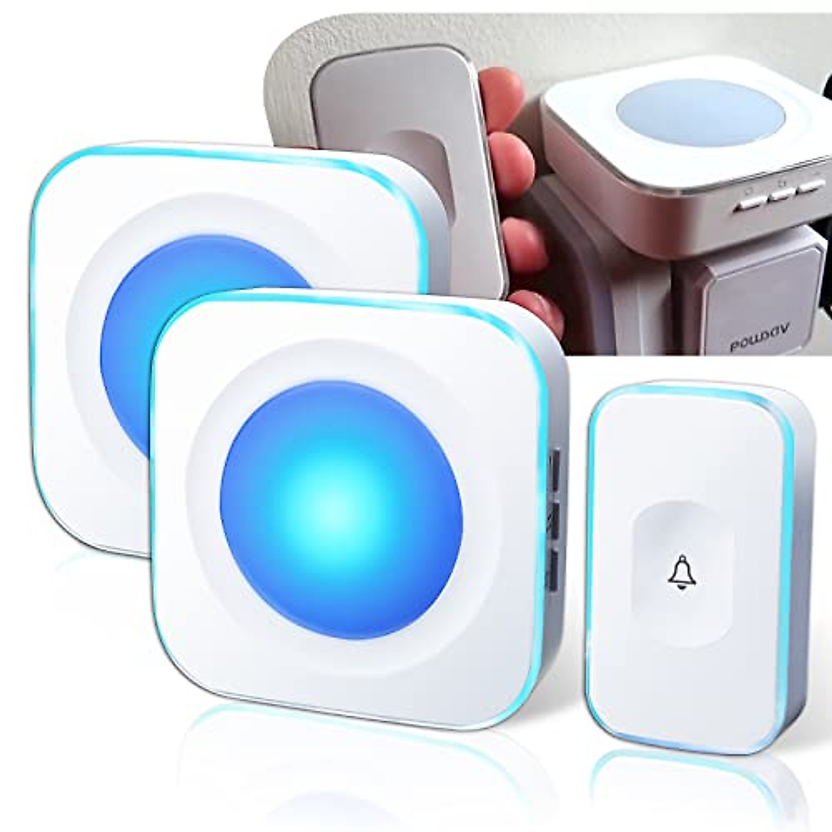 Wireless Doorbell Plug in 1200feet wireless door bell Battery Operated Doorbell Button with Flashing Light 36 Melodies 4 Volume 2 Receivers 1 Touch Button White FUHONGRUI