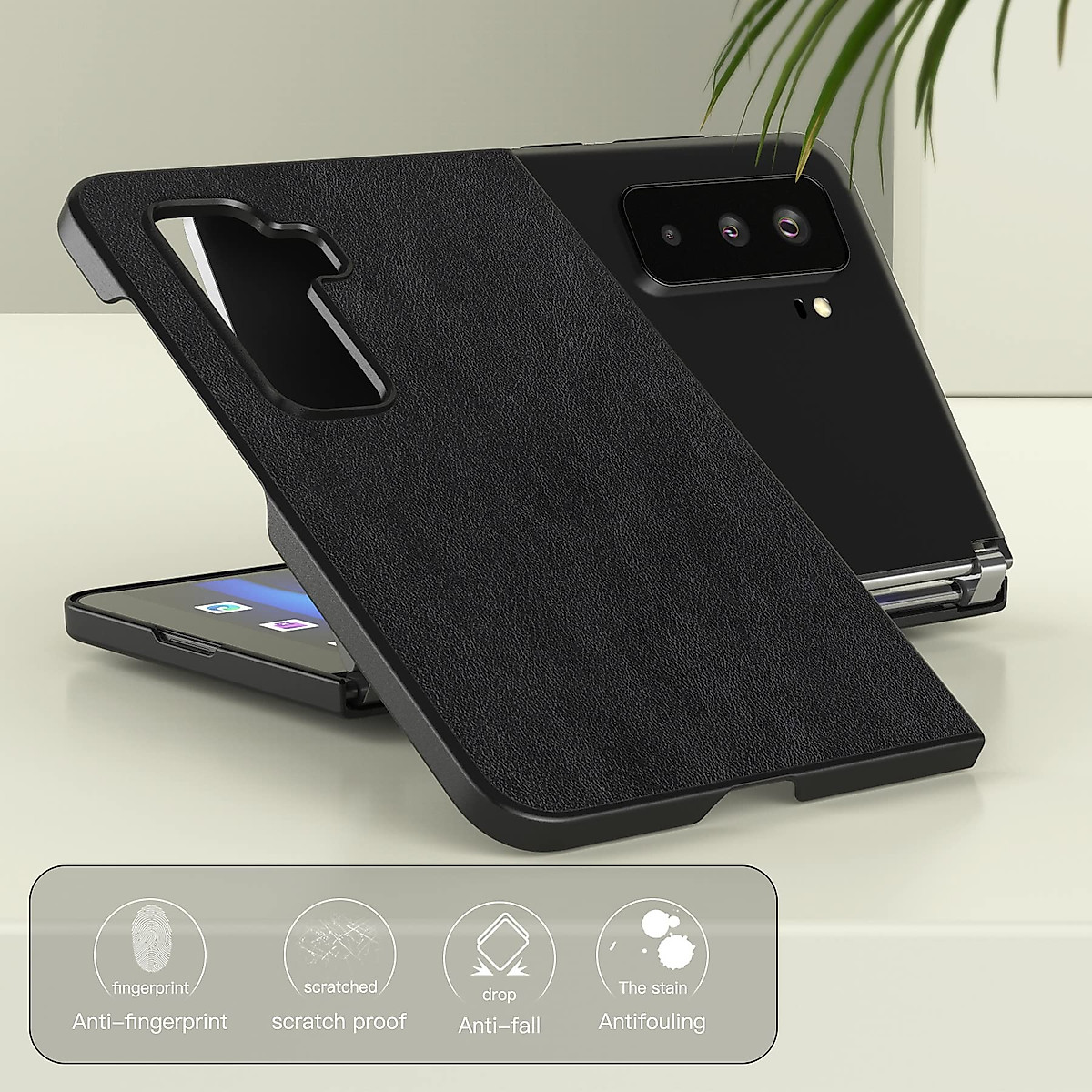 Foluu for Microsoft Surface Duo 2 Case, Surface Duo 2 2021 Leather Case, [Slim & Lightweight] PU Leather Back Cover Hard PC Durable Protective Phone Case for Microsoft Surface Duo 2 2021 (Black)