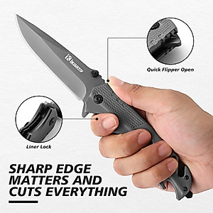 IKORES Pocket Knife for Men, 4 inch Multitool Folding Knife with Nylon Sheath and Pocket Clip, Bottle Opener, Glass Breaker, Seatbelt Cutter and Wrench, Grey
