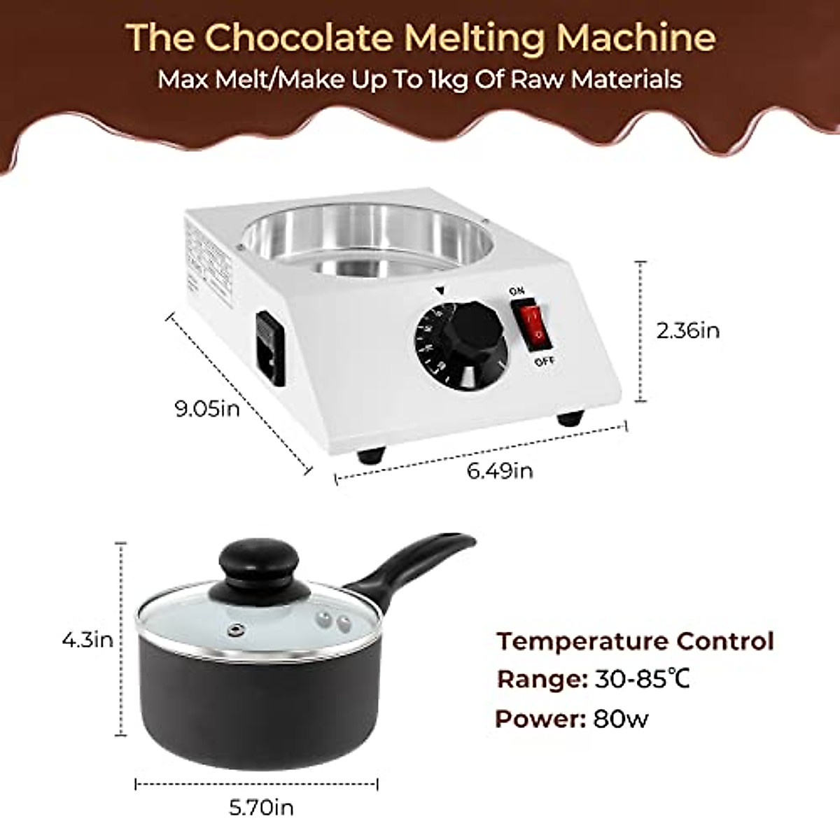 POWLAB Electric Chocolate Warmer Melting Pot Ceramic Removable Pot Candy Melting Machine Chocolate Melter Pot for Dipping 1L Capacity & Temperature Setting for Melting Candy, Butter, Cheese, Caramel
