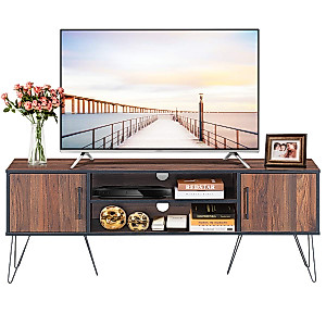 Tangkula Retro TV Stand with 6 Metal Legs, Modern Entertainment Center for TVs up to 65 Inch, TV Console Table w/ 2 Cable Holes, Adjustable Shelf, Media Storage Cabinet for Living Room, 59 Inch