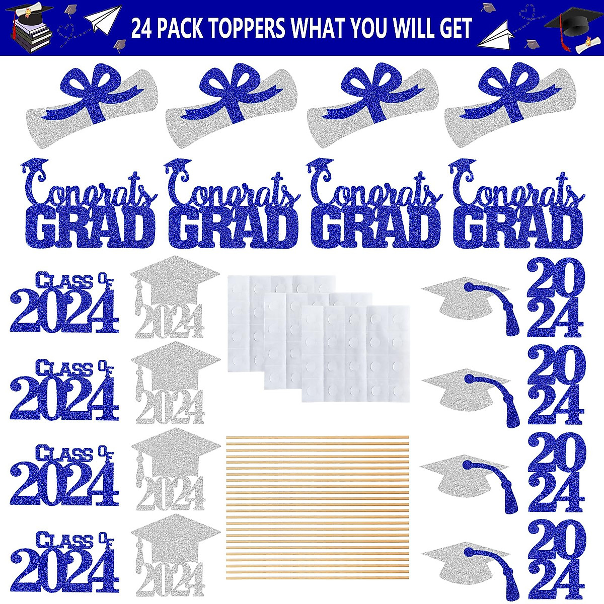 Blue and Silver 2024 Graduation Centerpiece Sticks Graduation Party Centerpieces for Tables 2024, Graduation Table Toppers 2024 Blue Class of 2024 Graduation Table Centerpieces Decorations - 24Pcs