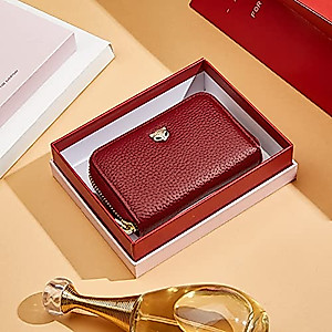 FOXLOVER Small Genuine Leather Credit Card Holders for Women, RFID Blocking Ladies Mini Card Case Women's Card Wallets with Gift Box Packing (Red)