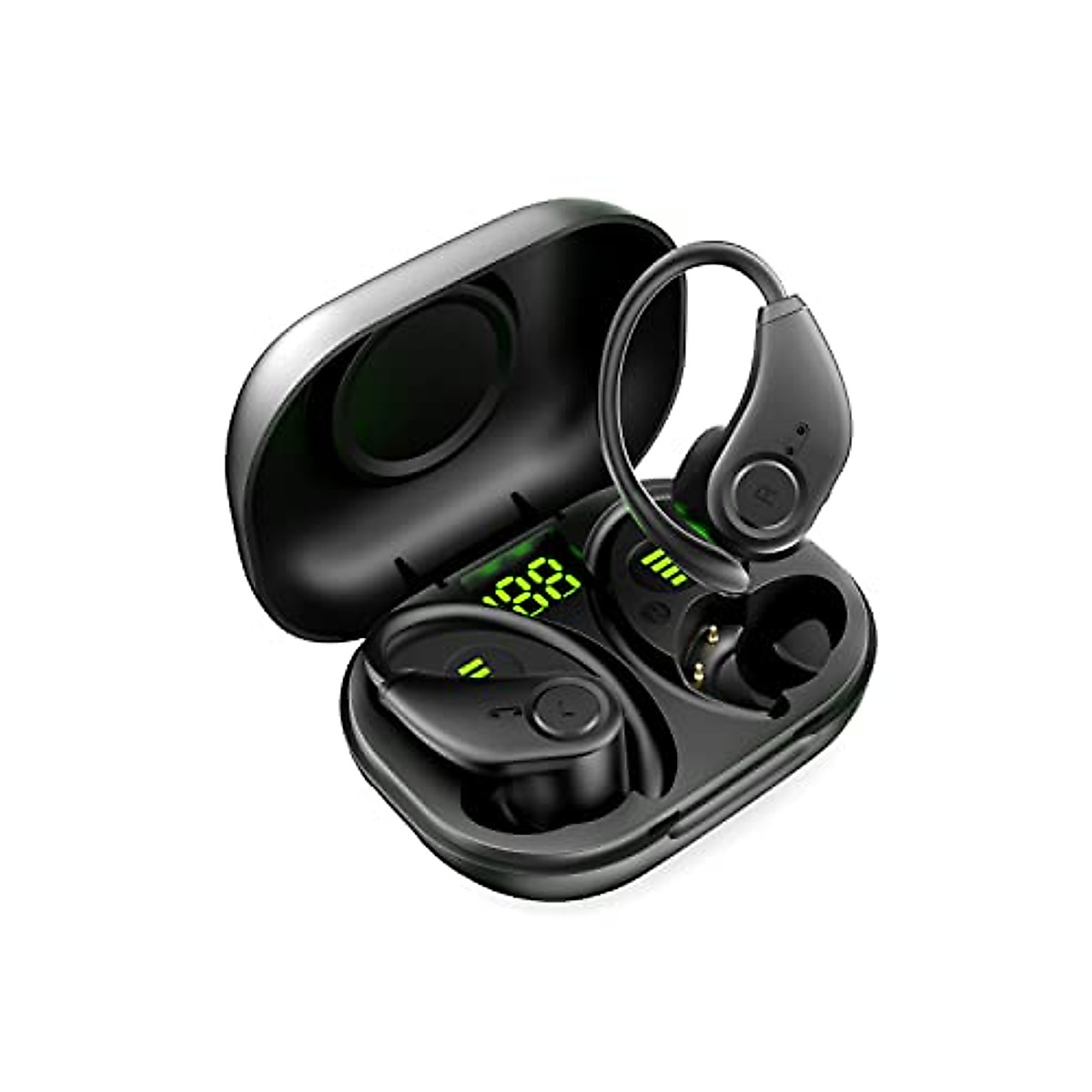 Bluedio S6 Sport Earhooks Earphones Wireless Earbuds Bluetooth Headphones 42hrs Play with LED Display Charging Case Built-in Mic Headset for Sports Running Workout Black