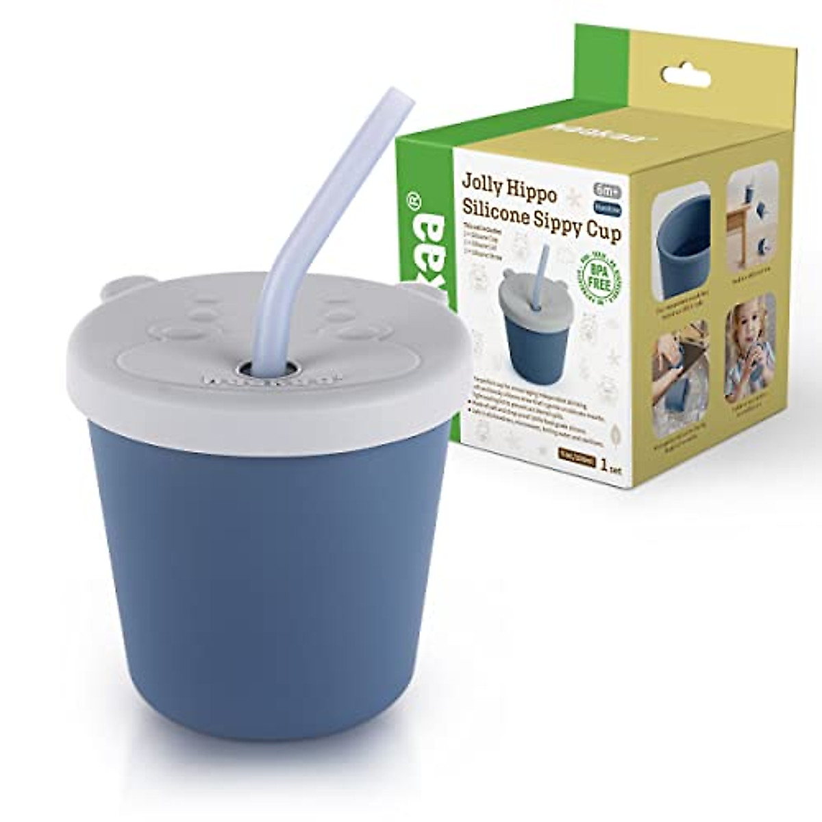 haakaa Jolly Hippo Baby Straw Cup, Food Grade Silicone Baby Training Sippy Cups for Infant 6+ months, BPA Free First Open Cup&Snack Container for Toddlers, 5oz (Bluestone)
