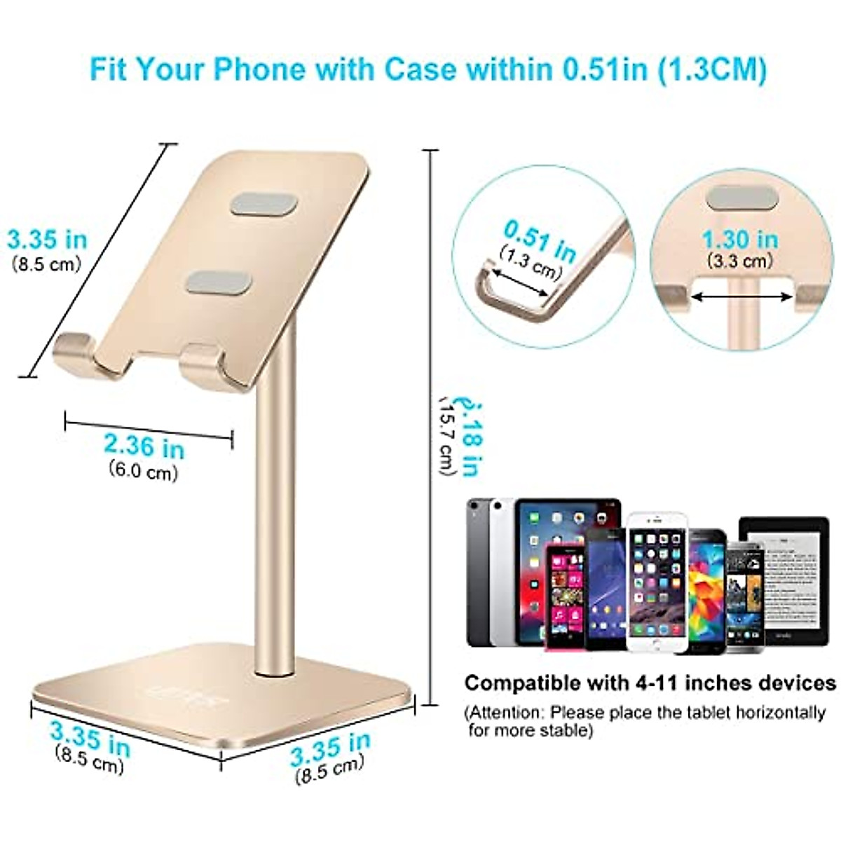 Urmust Cell Phone Stand Angle Adjustable Phone Stand for Desk Phone Holder for Office Tablet Stand Compatible for iPhone 15 14 13 12 11 Pro Max X Xr 8 Plus 7 6(Light Gold)