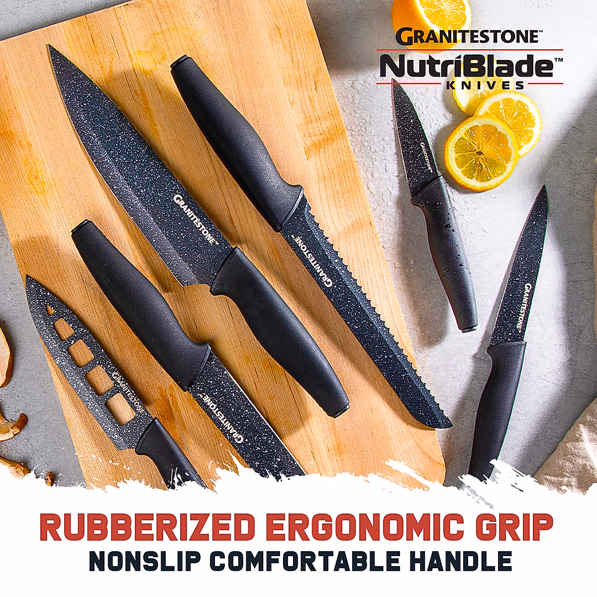 Nutriblade Knife Set with Block by Granitestone 6-Piece Professional Kitchen Chef’s Knives Ultra Sharp Stainless Steel Blades and Nonstick Granite Coating, Easy-Grip and Dishwasher-safe, Black
