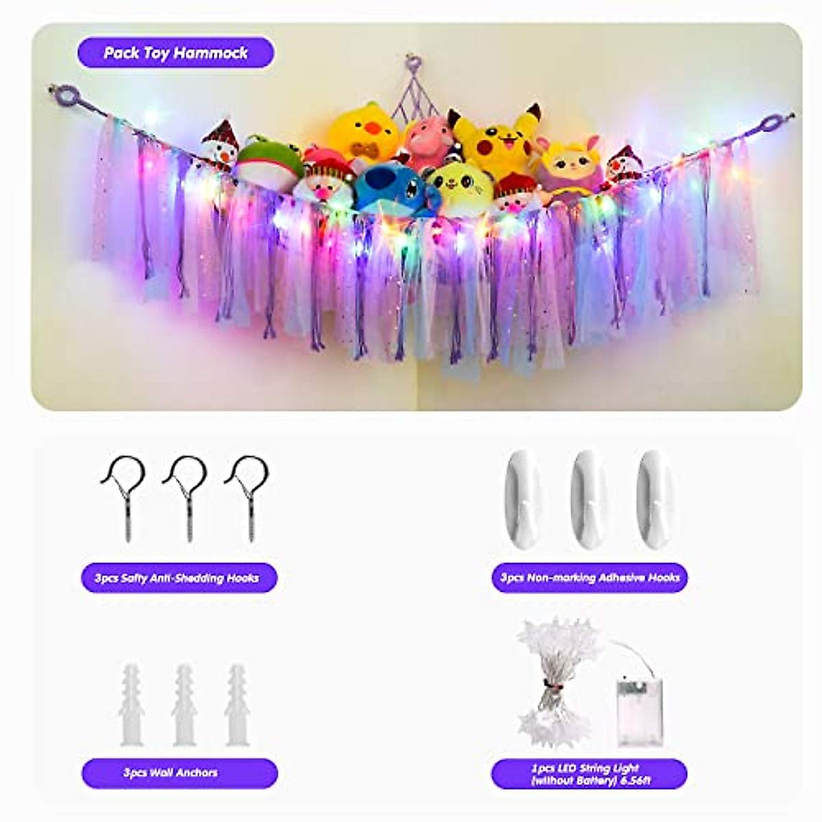 ieBabay Stuffed Animal Net or Hammock with Led Light, Boho Stuffed Animal Storage Organizer, Plush Toy Hammock Net, Hanging Plushie Net, Toddler Hammock for Kids Room Decor