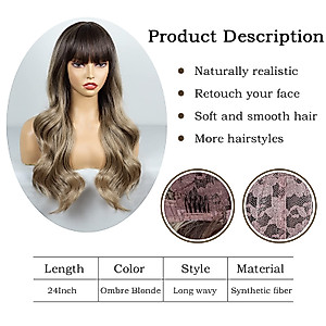 BOGSEA Wig with Bangs Ombre Dark Blonde Long Wavy Wigs for Women Synthetic Heat Resistant Wigs for Daily Party (Dark Ashy Blonde Ombre)