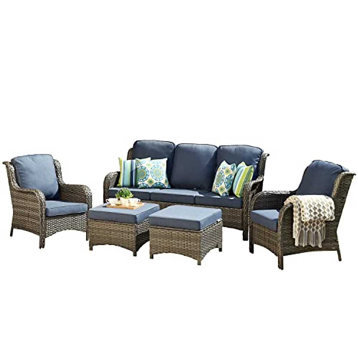 Patio Furniture 5 Pieces Outdoor Furniture Set All Weather Wicker Outside Sectional Sofa with 2 Chairs and Ottomans for Garden Deck Backyard,Grey Wicker Denim Blue