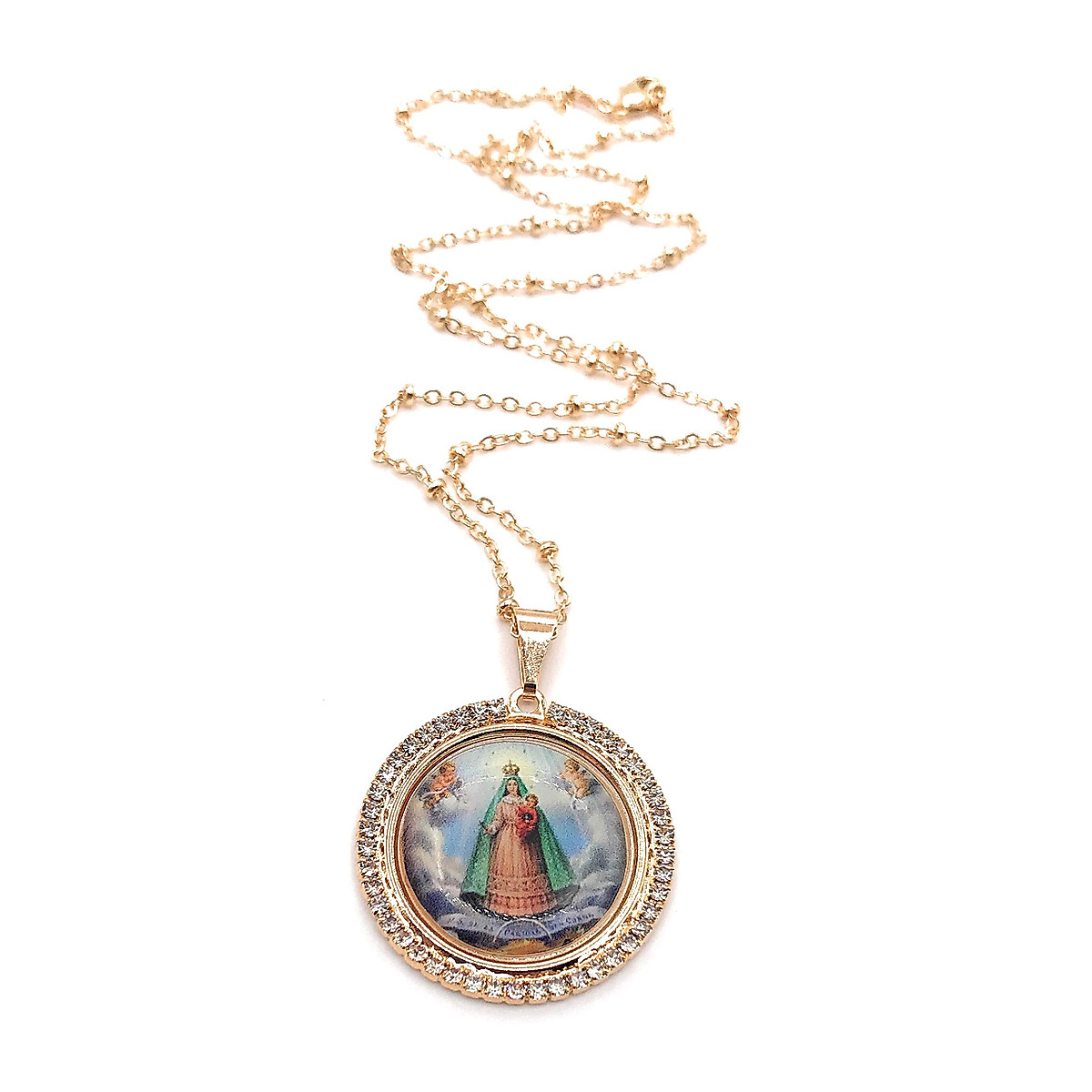 LESLIE BOULES Virgin Caridad del Cobre Pendant Necklace 18K Gold Plated Chain Religious Jewelry