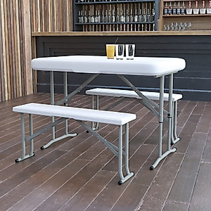 Flash Furniture Rowan 3 Piece Portable Plastic Folding Bench and Table Set,Granite White